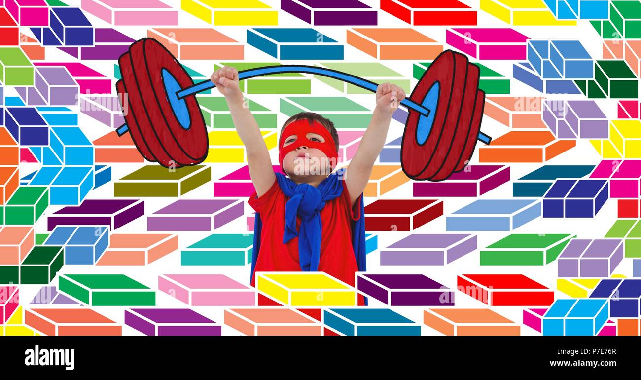 Superhero boy lifting weights with colorful geometric pattern Stock ...