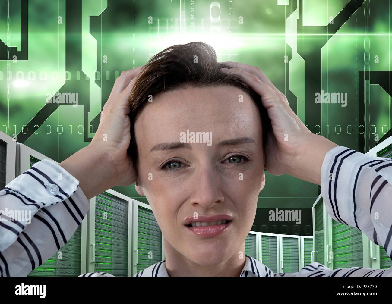 Woman with computer servers and technology information interface Stock ...