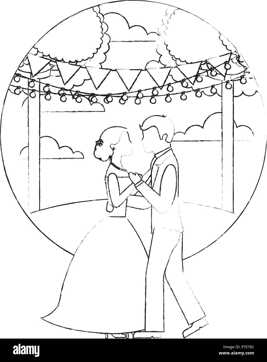 bride and groom wedding and first dance in natural landscape vector ...