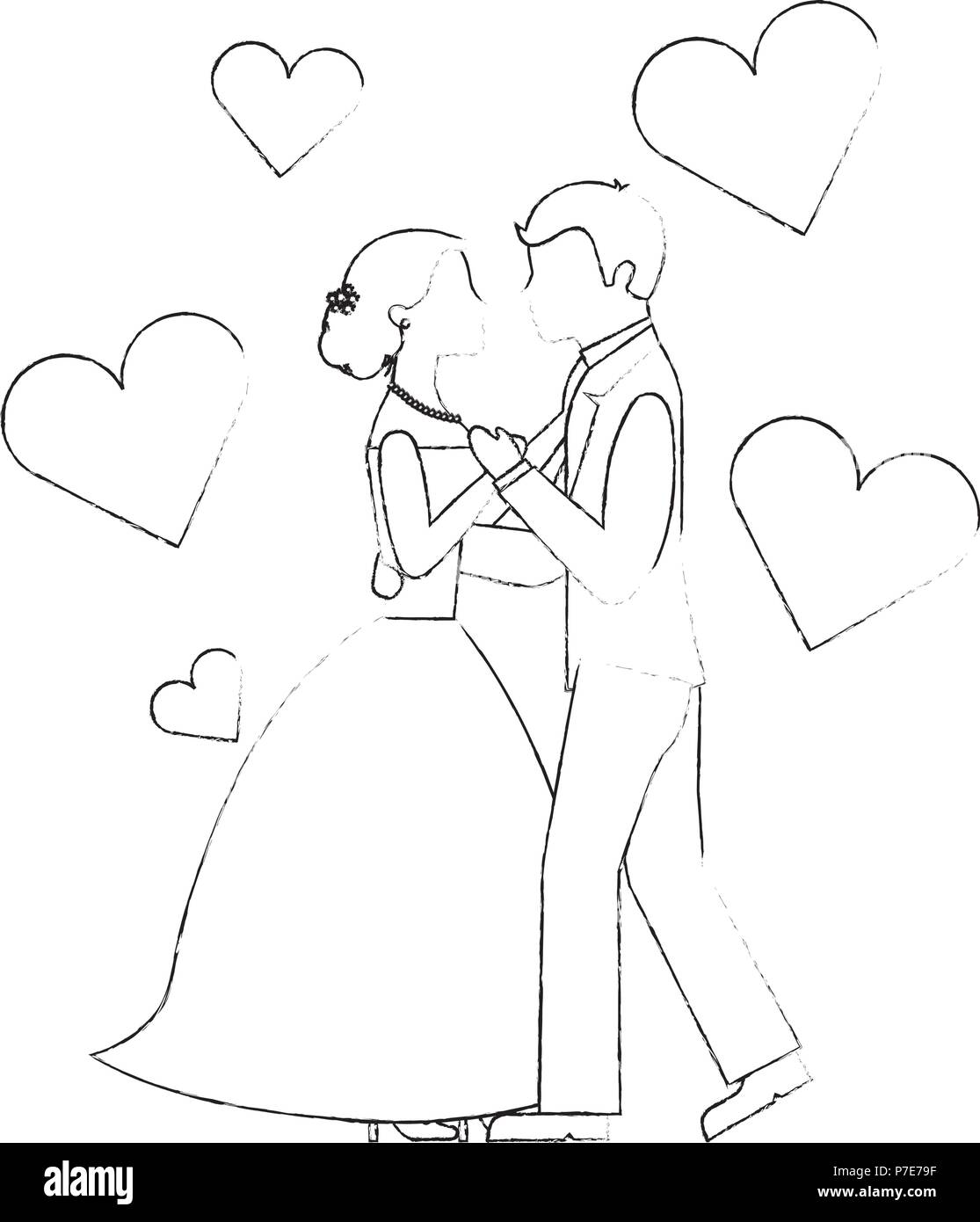bride and groom wedding day and first dance love hearts vector ...