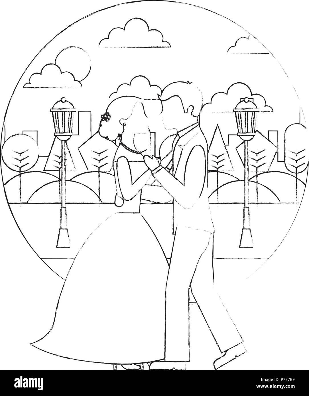 bride and groom wedding day and first dance vector illustration sketch ...