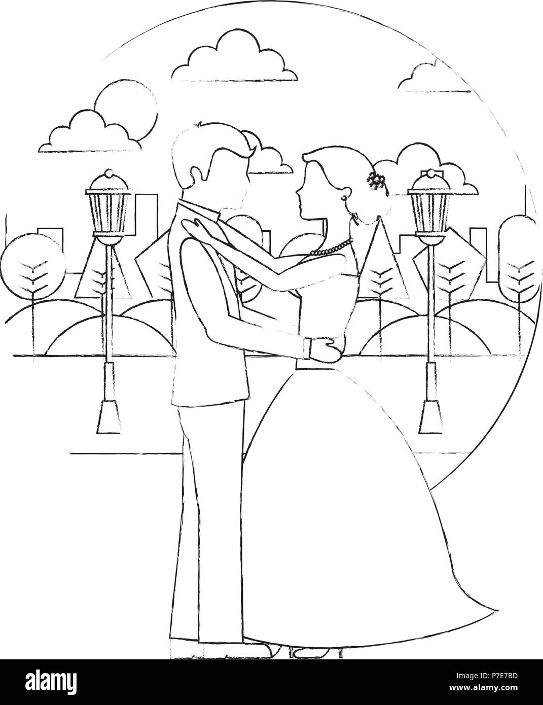 bride and groom wedding day and first dance vector illustration sketch ...