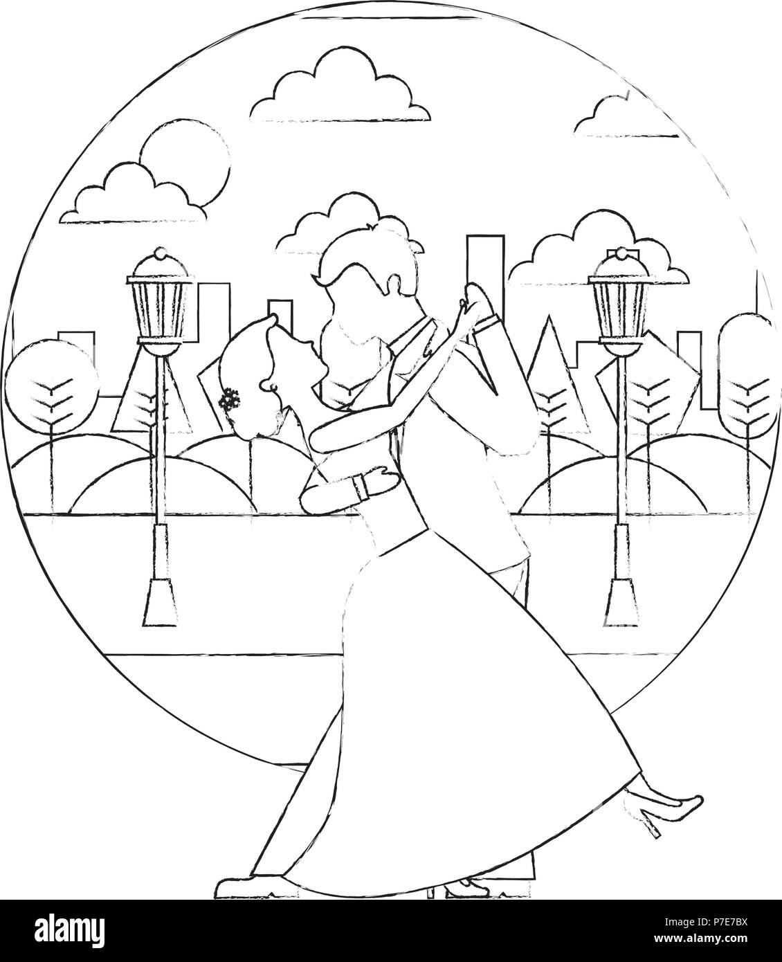 bride and groom wedding day and first dance vector illustration sketch ...
