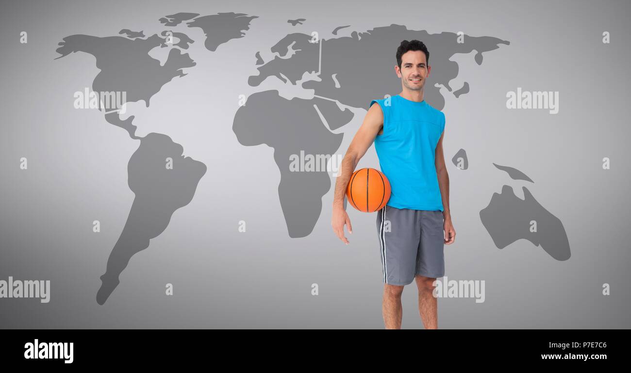 Basketball man with world map Stock Photo - Alamy