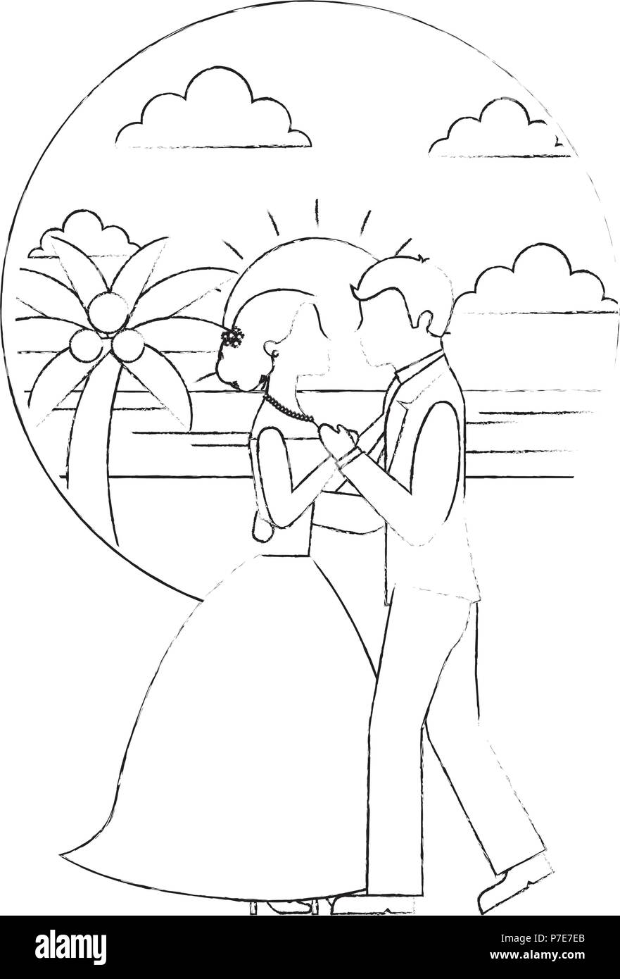 bride and groom wedding day and first dance in beach landscape vector ...