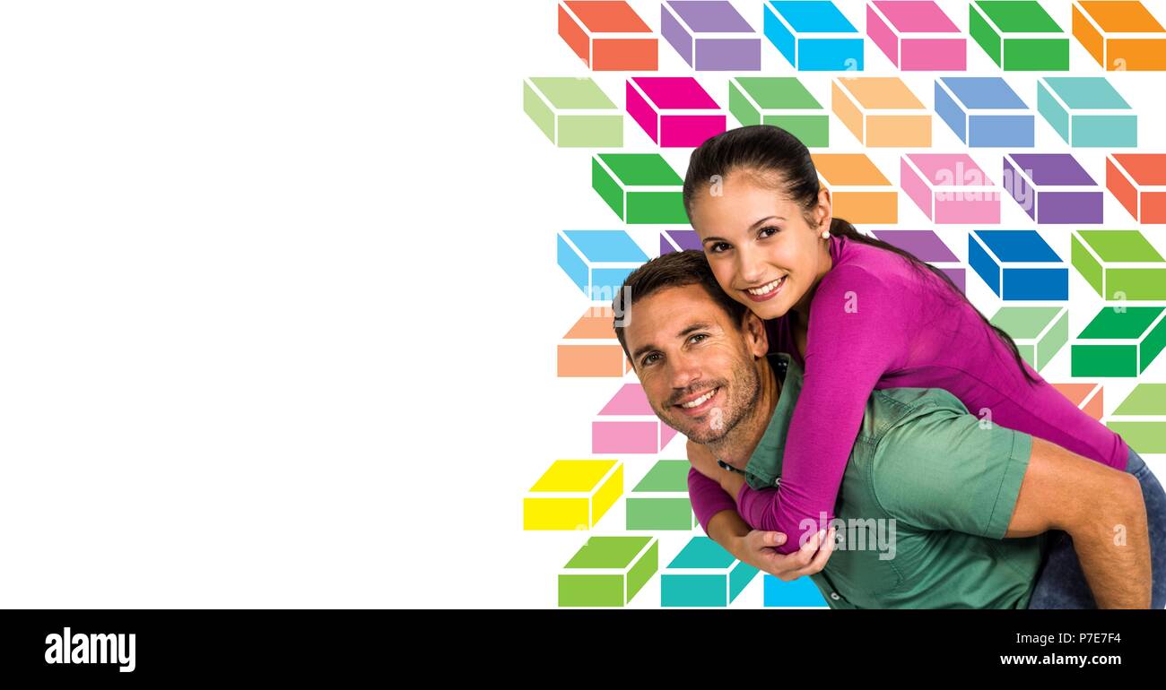Couple having piggyback with colorful geometric pattern Stock Photo - Alamy