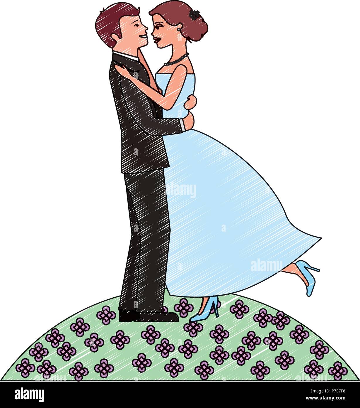 bride and groom wedding day and first dance in the flowers field vector ...