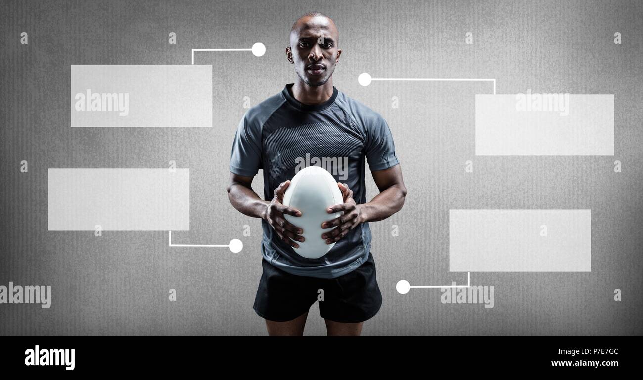 Rugby player holding ball with blank infographic chart panels Stock ...