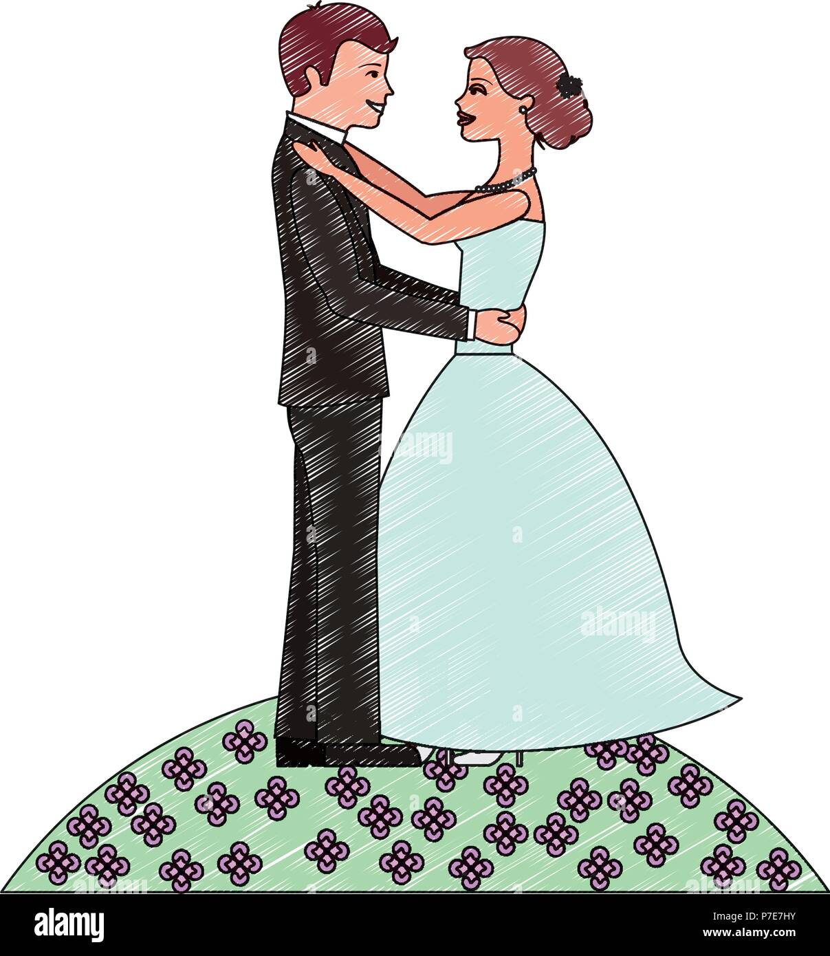 bride and groom wedding day and first dance in the flowers field vector ...
