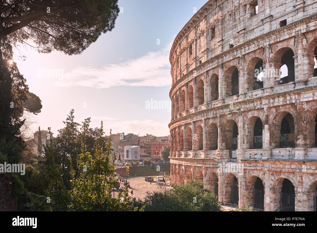 Rome, Colosseum at dawn, trees on the right Stock Photo - Alamy