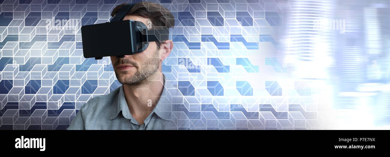 Man using virtual reality headset with geometric transitions Stock ...