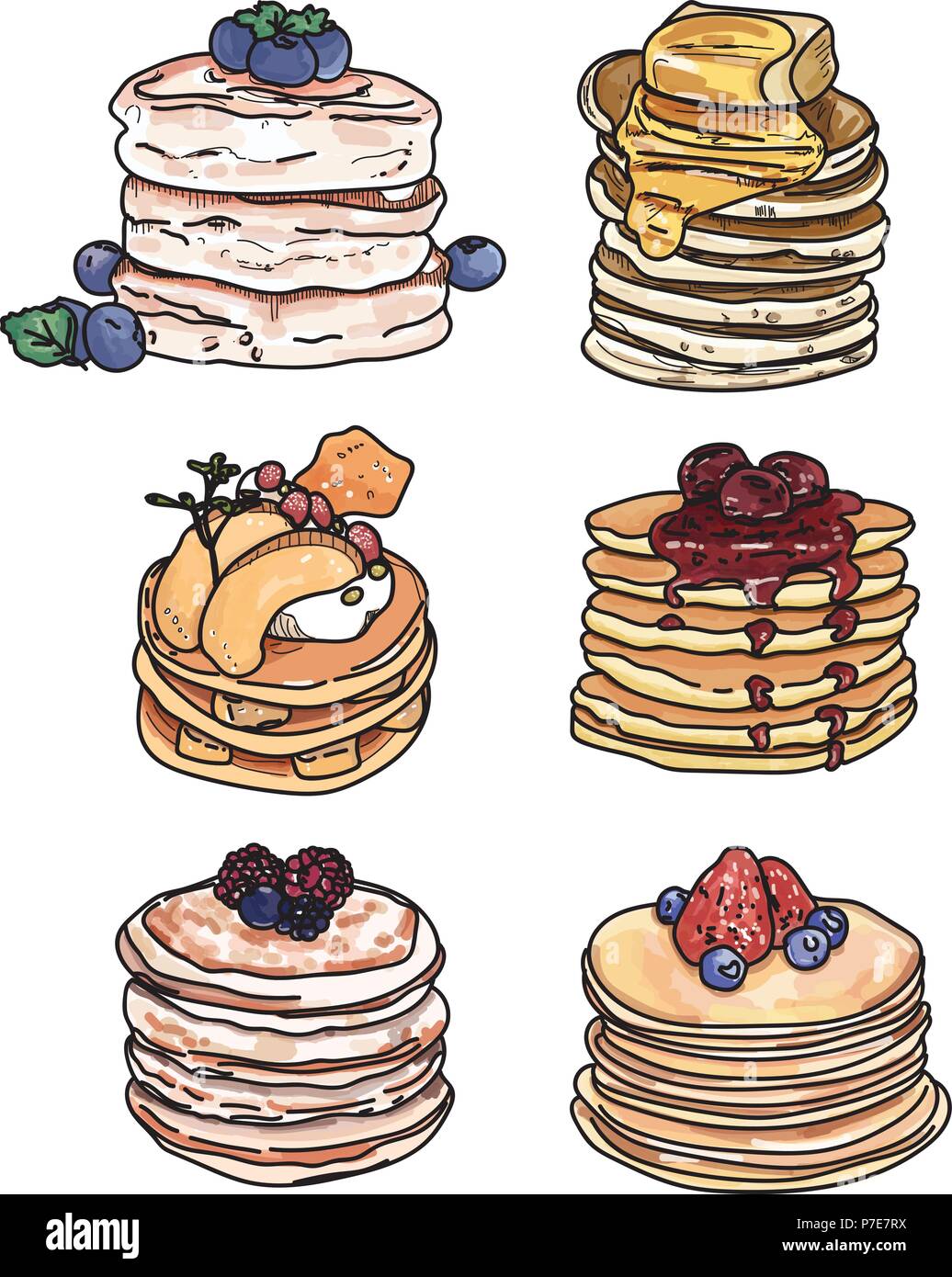 Set of pancakes with different toppings on white background Stock ...
