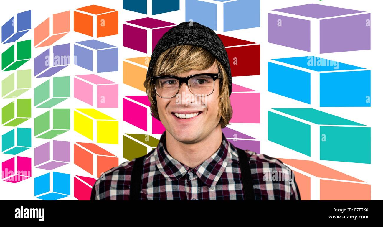 Man laughing with colorful geometric pattern Stock Photo - Alamy