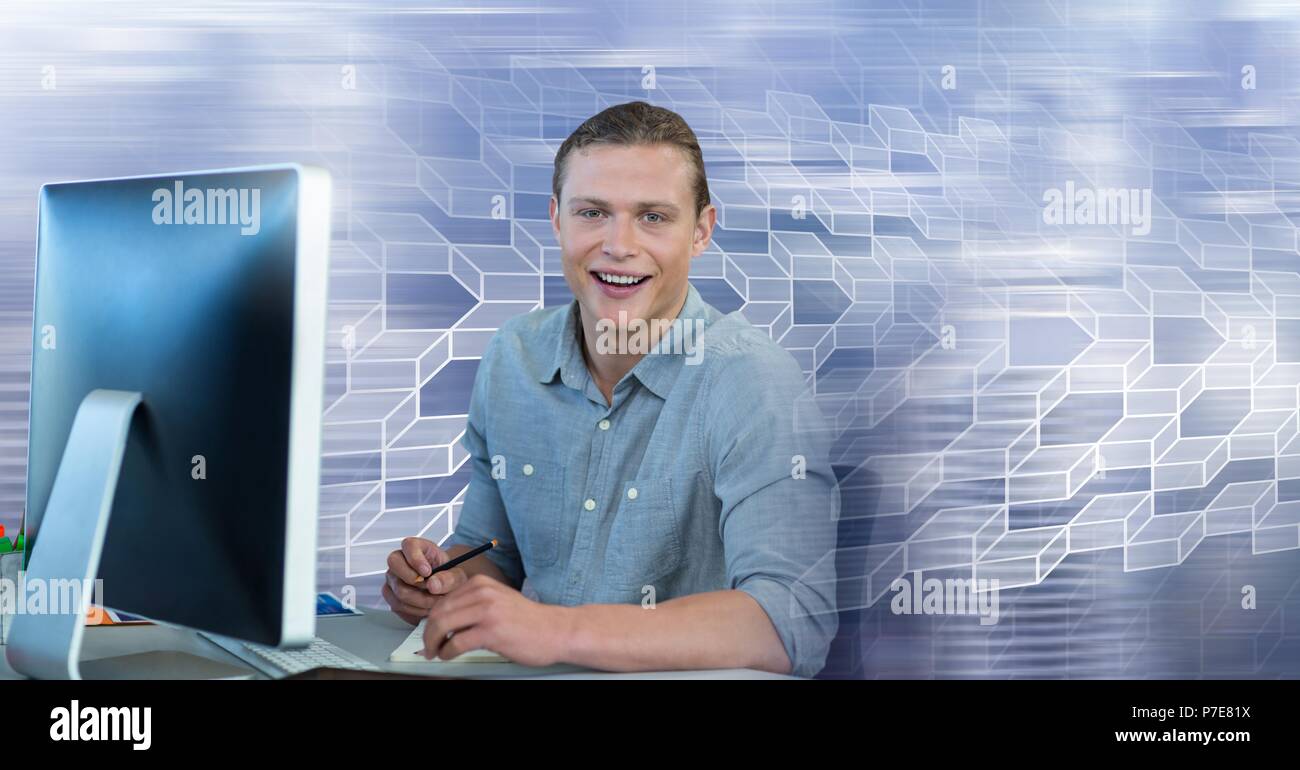 Man using computer with geometric transition Stock Photo - Alamy
