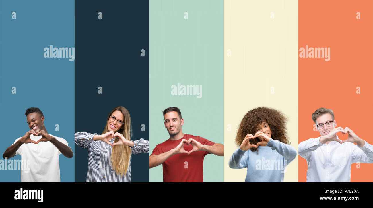 Group of people over vintage colors background smiling in love showing ...