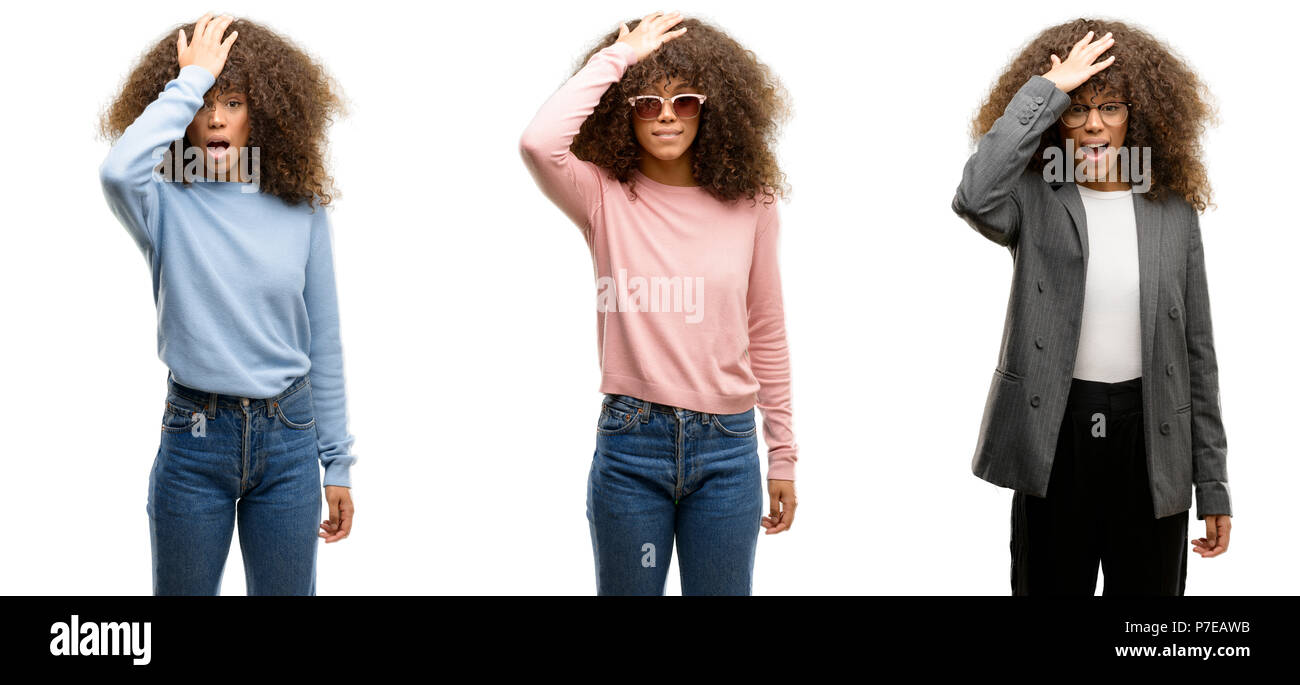 African american young woman wearing different outfits surprised with ...