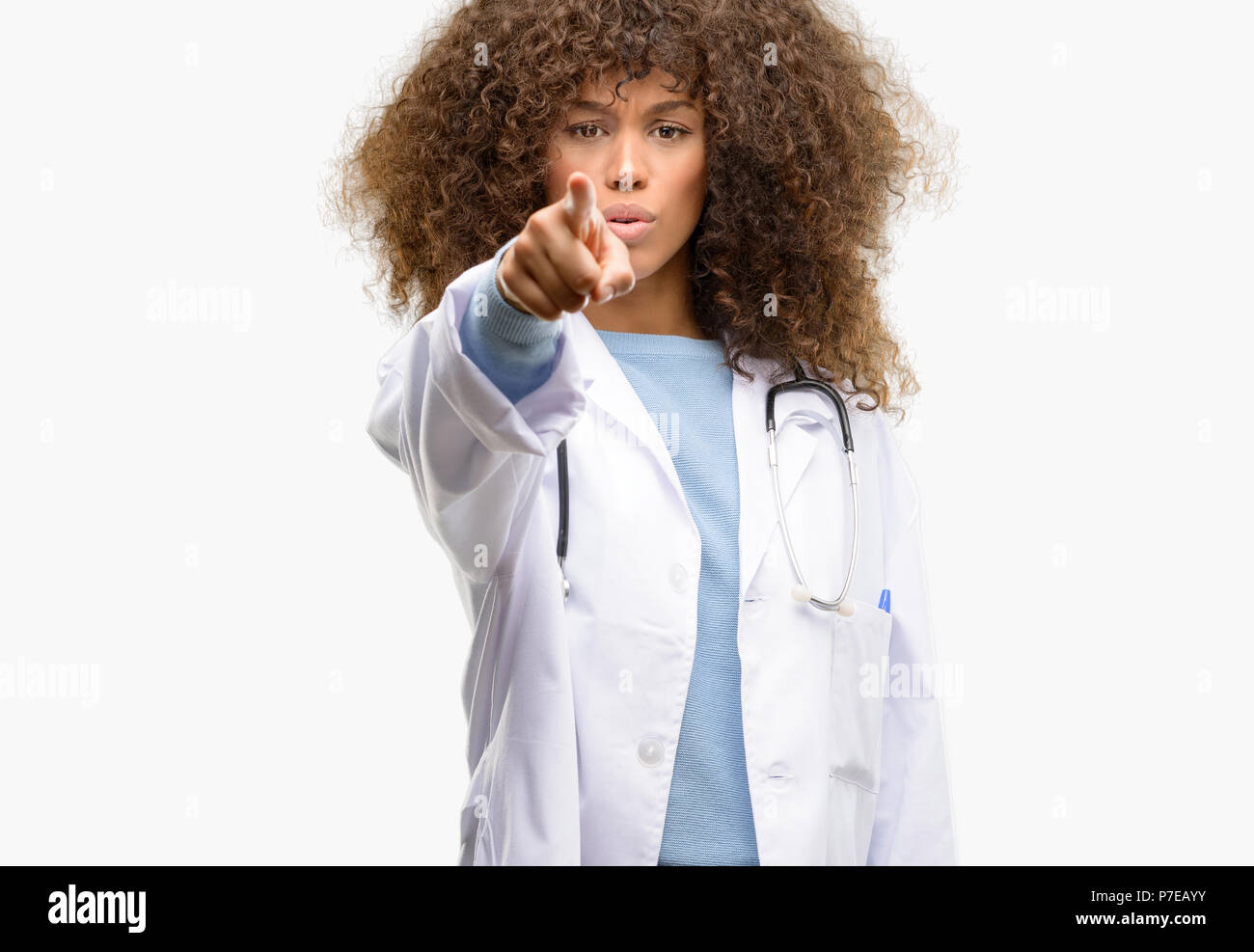 African american doctor woman, medical professional working pointing to ...