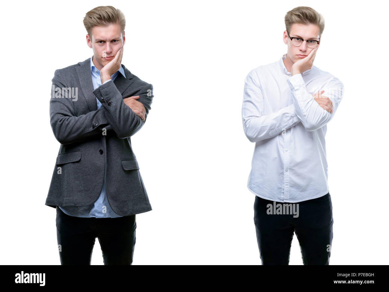 Young handsome blond business man wearing different outfits thinking ...