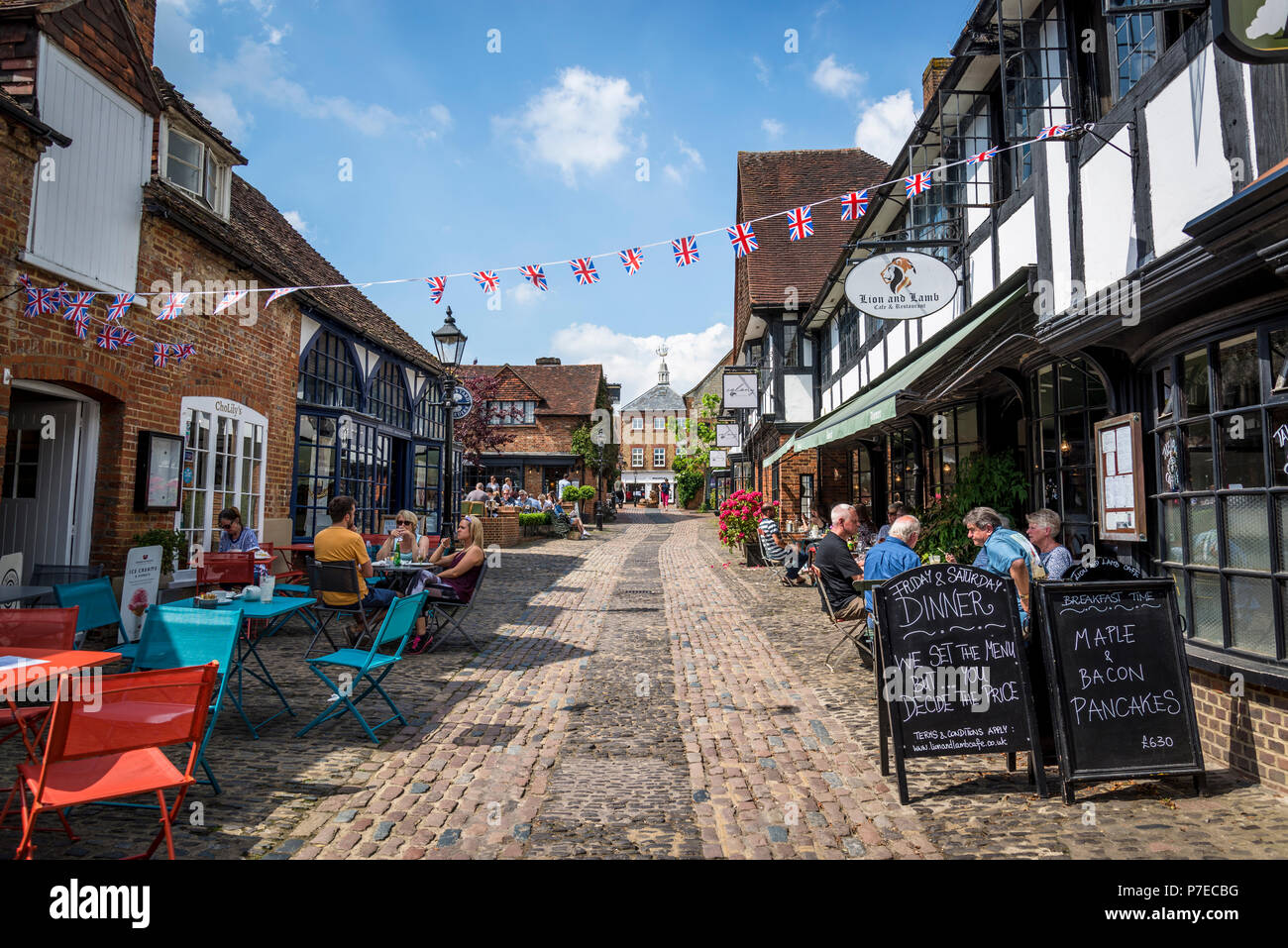 Shops and cafes in Lion and Lamb Yard, Farnham, Surrey. England, UK ...