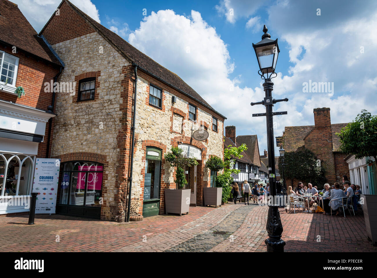 Shops and cafes in Lion and Lamb Yard, Farnham, Surrey. England, UK ...