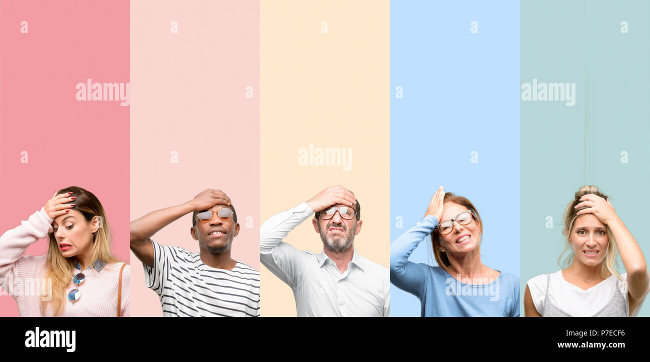 Mixed group of people, women and men terrified and nervous expressing ...