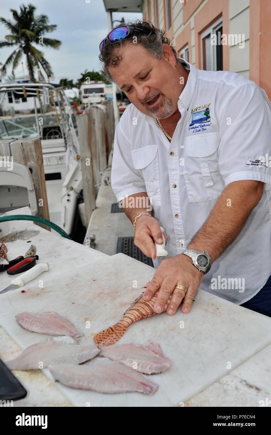 Fisherman filleting an invasive lionfish that he spear fished, to serve ...