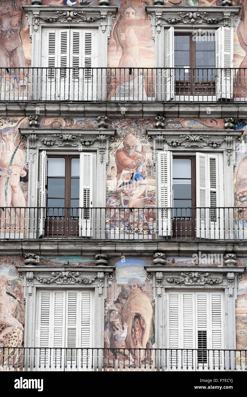 Facade of apartment building covered in murals in Madrid, Spain Stock ...