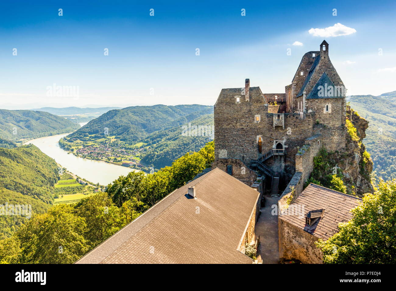 View of historic Aggstein castle ruin on the Danube river. Lower ...