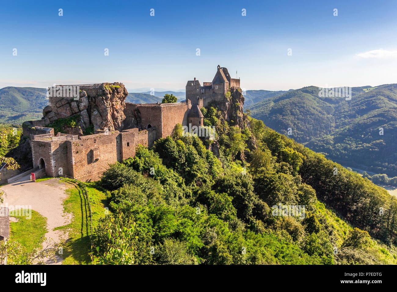 View of historic Aggstein castle ruin on the Danube river. Lower ...