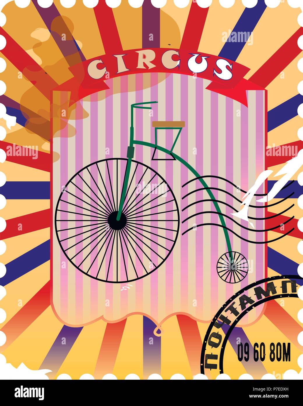 a postal stamp of a circus poster high bike on a multi-colored ...