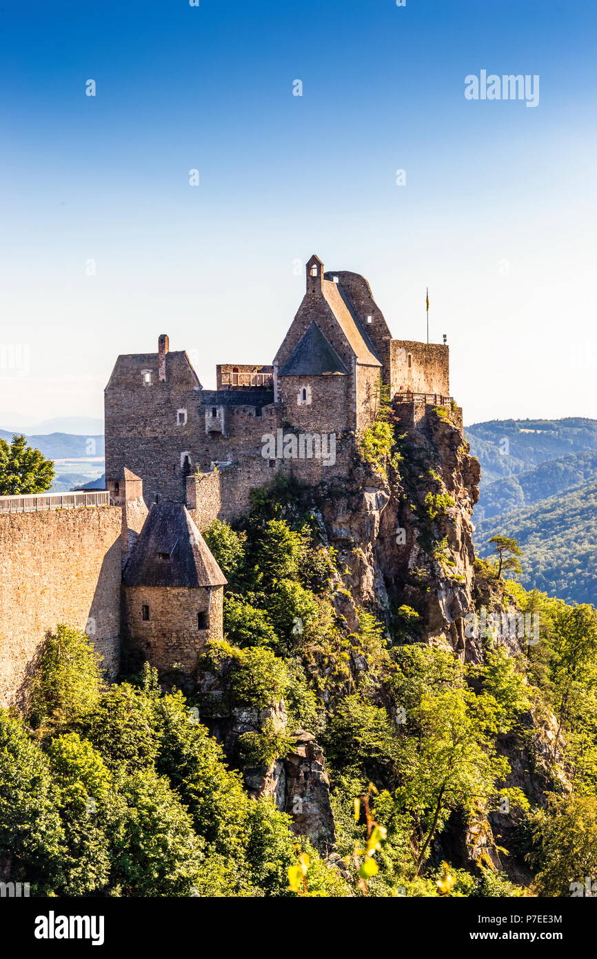 View of historic Aggstein castle ruin on the Danube river. Lower ...