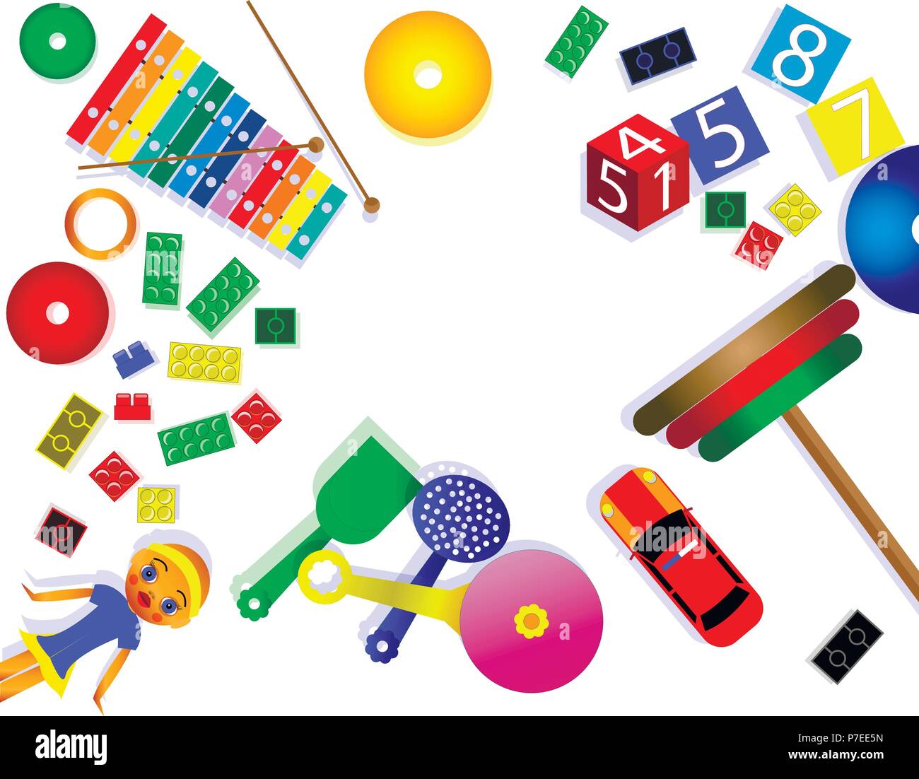 children's toy world with scattered toys on a white background Stock ...