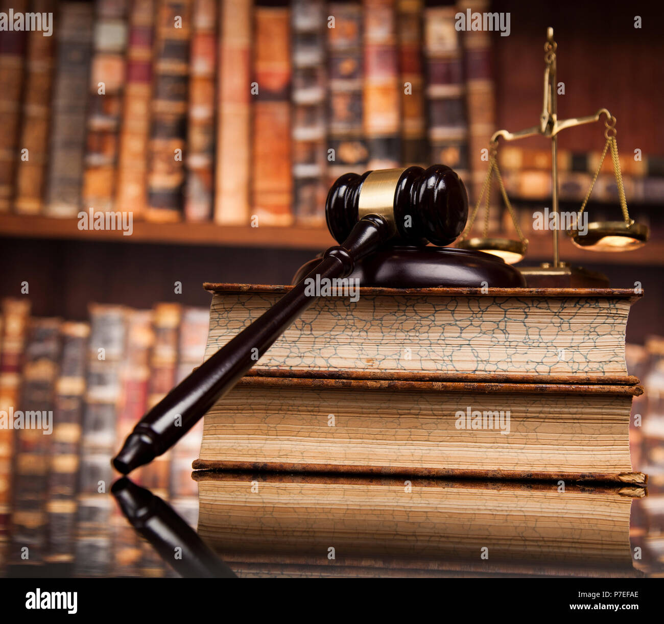 law theme, mallet of the judge, justice scale, books, wooden desk Stock Photo - Alamy