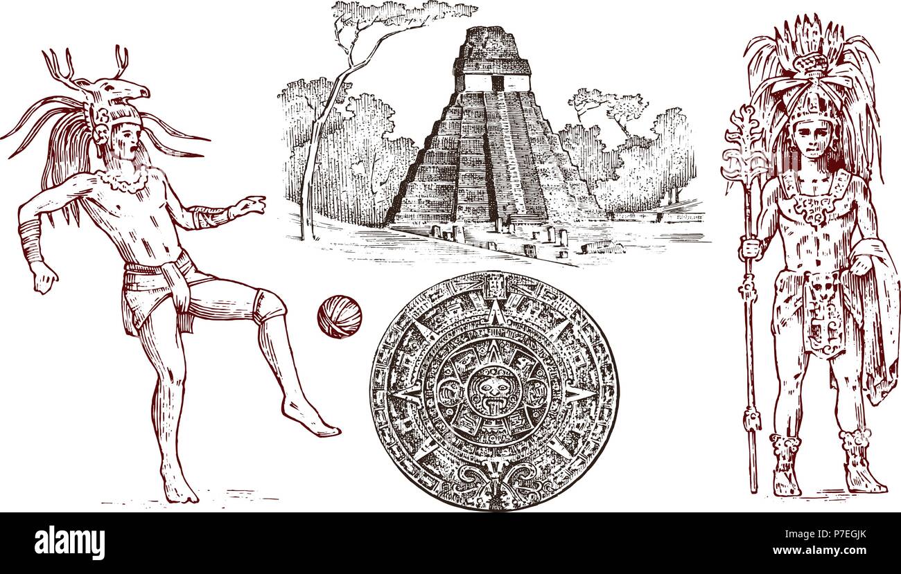 Maya Vintage pyramid, portrait of a man, traditional costume, calendar ...