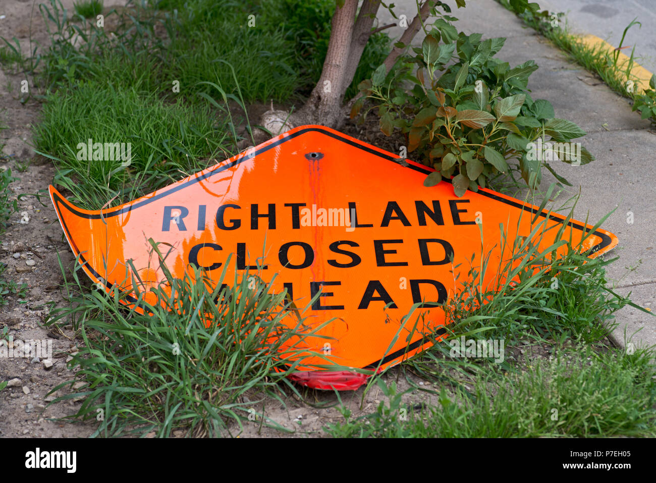 Damaged right line closed ahead traffic sign. Downtown of Madison WI ...