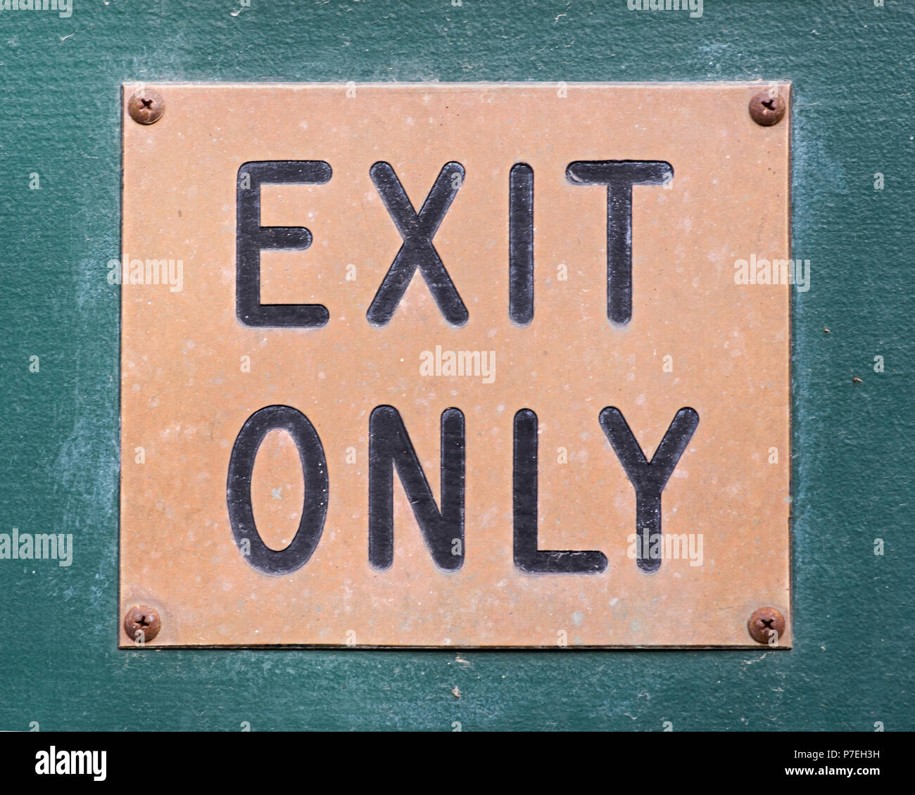 Decorative antique "exit only" sign mounted on old green wooden door ...