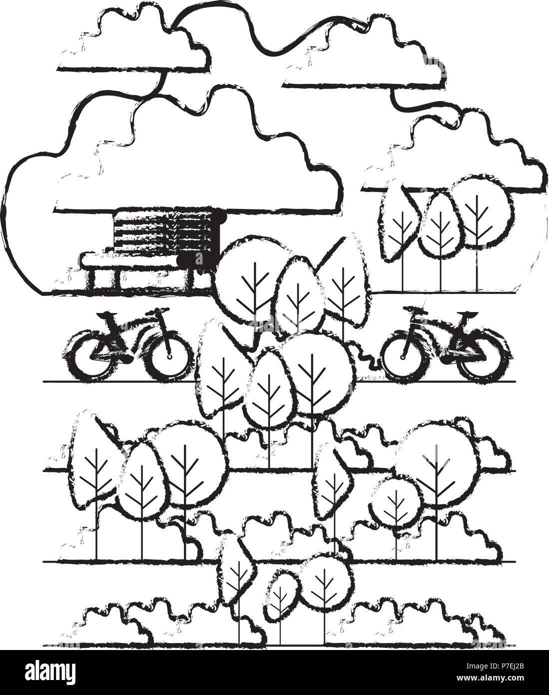 park with chair and bicycle scene Stock Vector Image & Art - Alamy