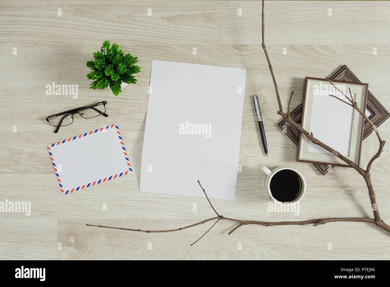 Letter paper with coffee on wood background. Rustic nostalgia Stock ...