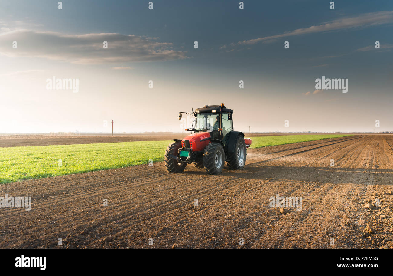 Tractor spreading artificial fertilizers in field Stock Photo - Alamy
