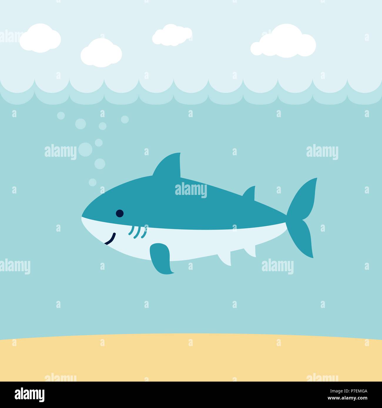 Cute cartoon shark on blue wave background Stock Vector Image & Art - Alamy