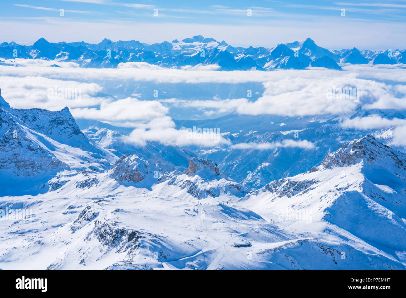 View of Italian Alps from Plateau Rosa in the winter in the Aosta ...