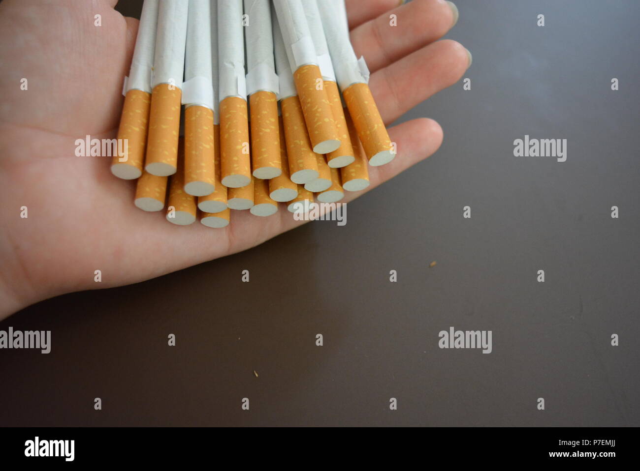 Cigarettes in a female fist on a brown matte background Stock Photo - Alamy