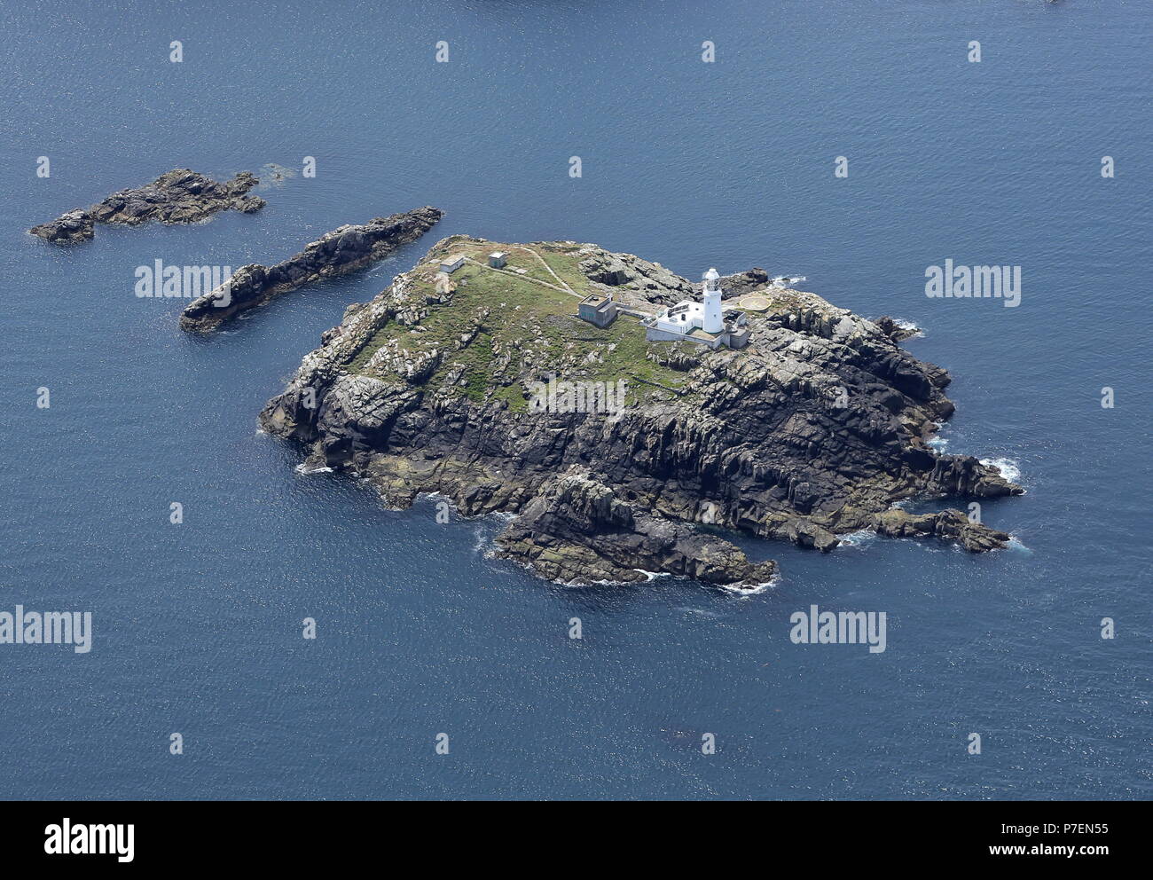 An aerial view of the lighthouse on Round Island in the Scilly Isles ...