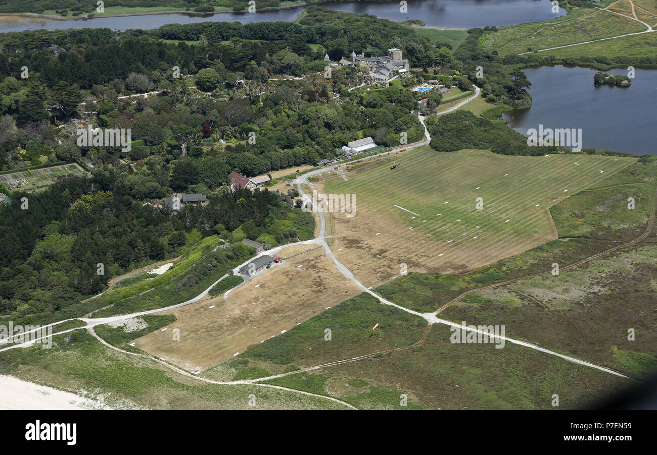 Aerial view of the Heliport on the Island of Tresco in the Scilly Isles ...