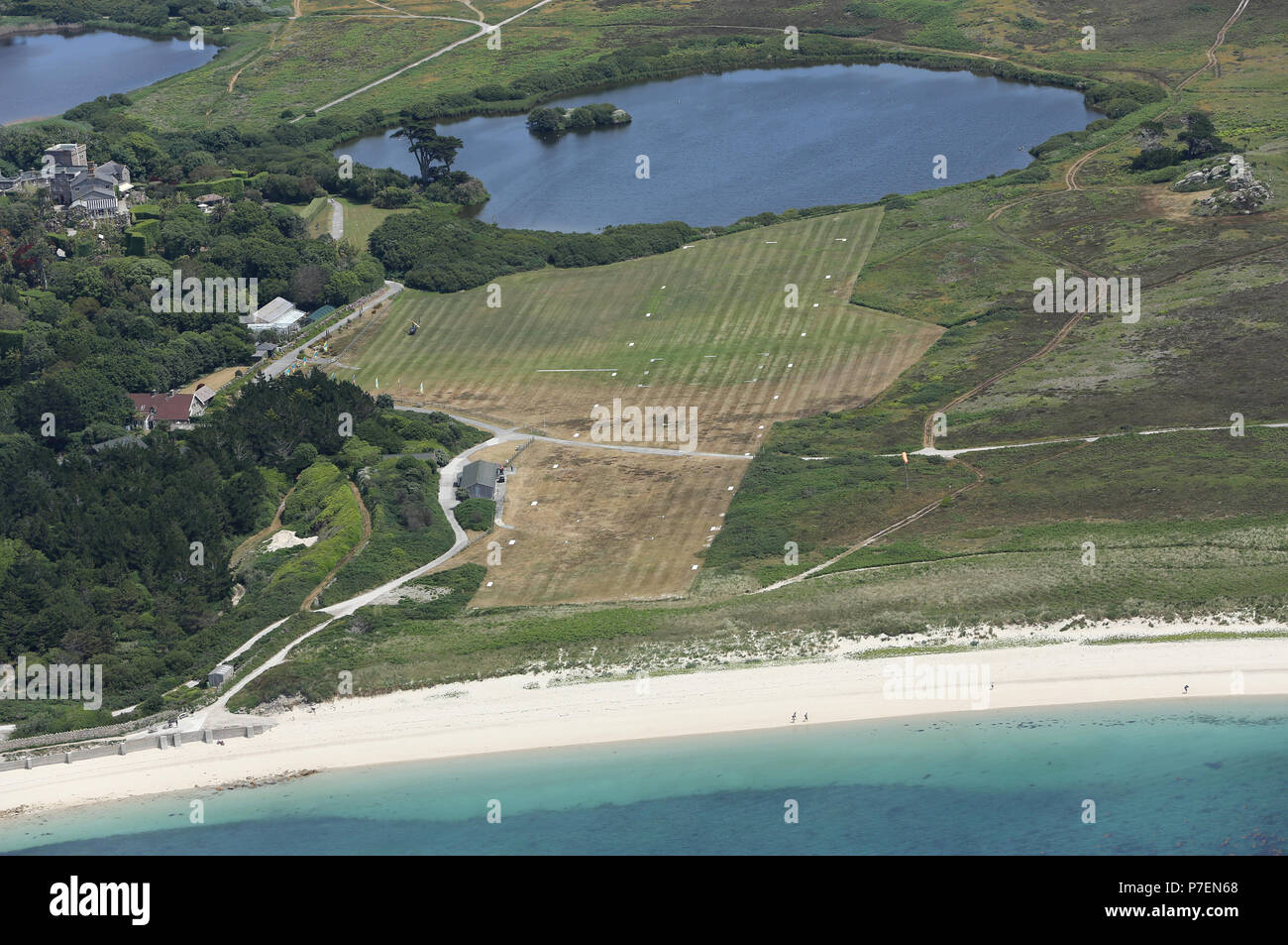 Aerial view of the Heliport on the Island of Tresco in the Scilly Isles ...