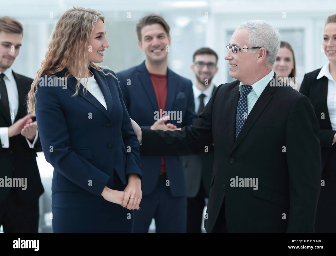 happy business woman and senior business partner Stock Photo - Alamy