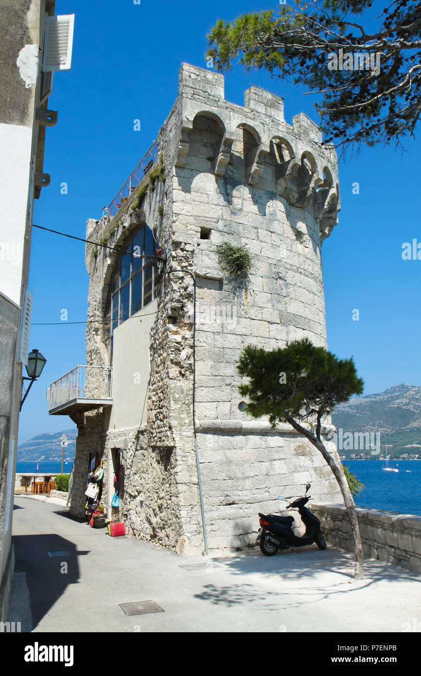 Old rounded castle tower in Korcula, Dalmatia region, Croatia Stock ...