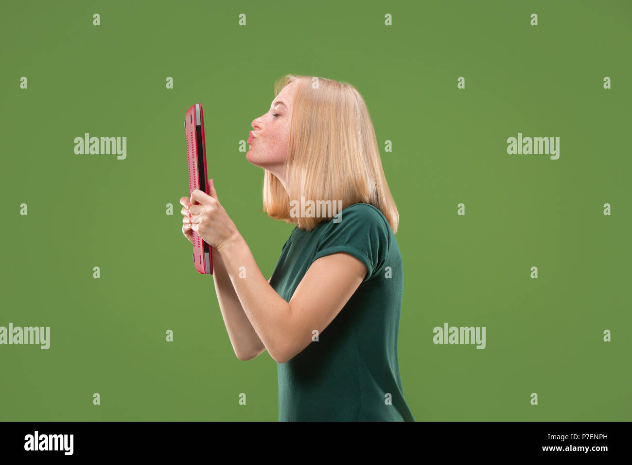 Businesswoman hugging laptop. Love to computer concept. Attractive ...