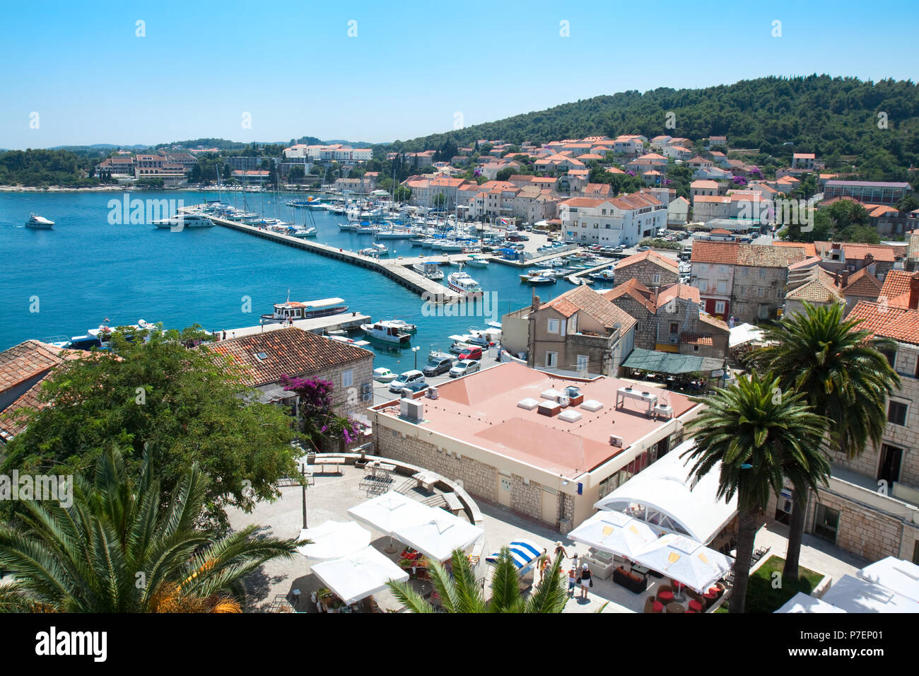 Panoramic view over Korcula old city on the side of the harbor, Croatia ...