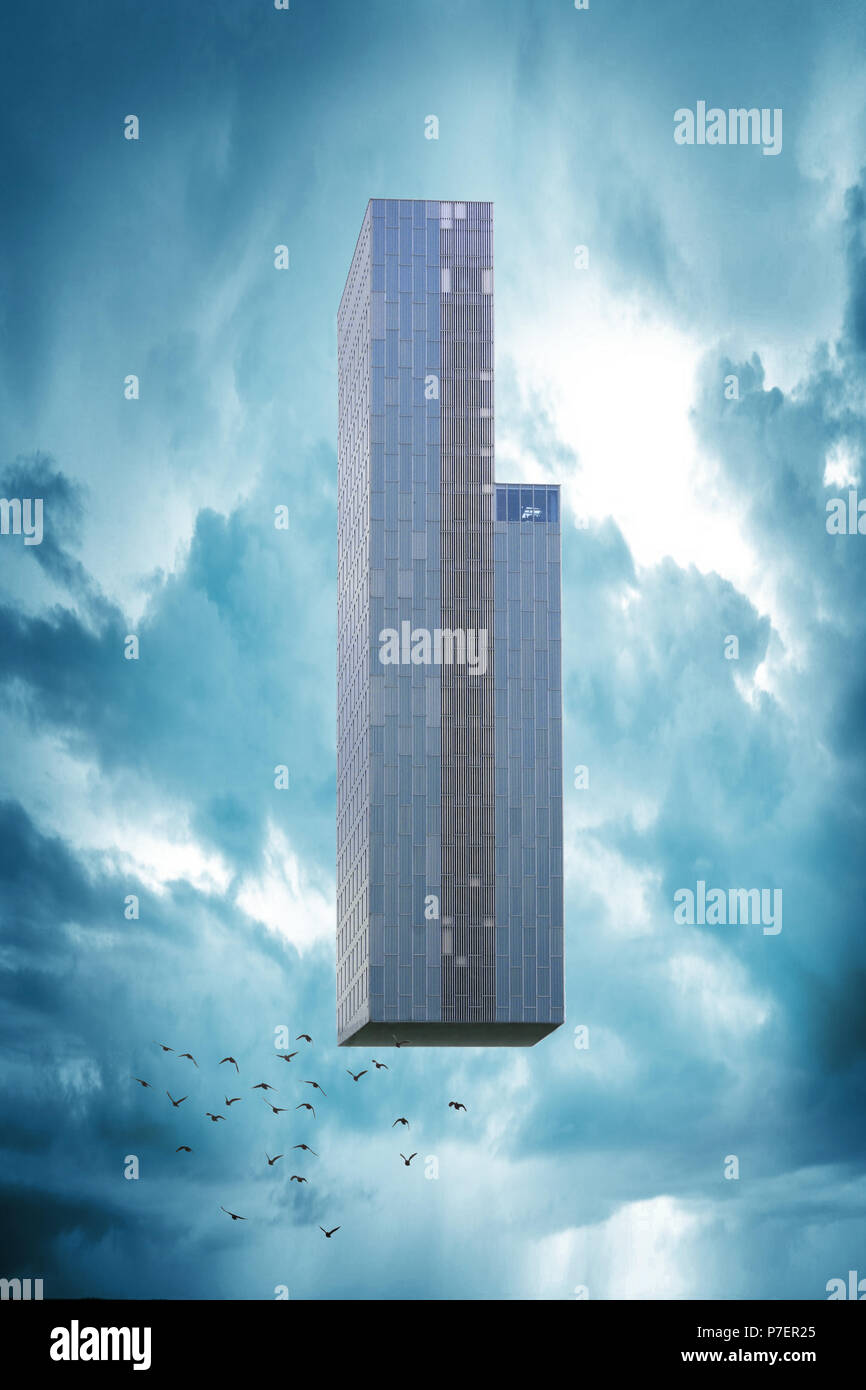 Skyscraper building floating in the air against a blue cloudy sky ...